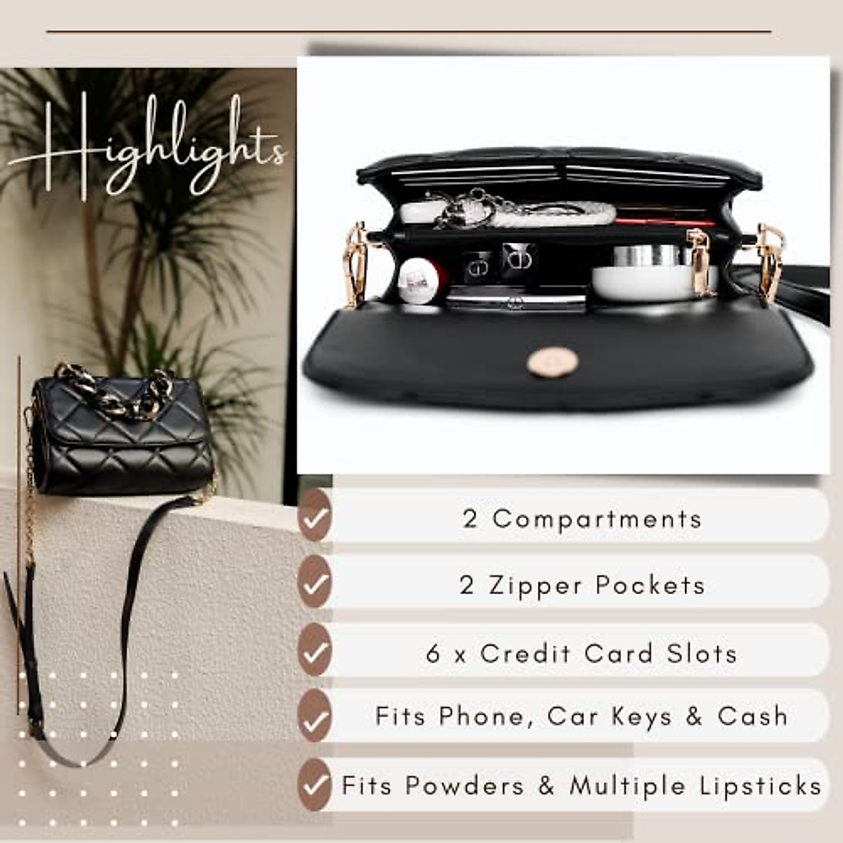 Before & Ever Small Beige Purse - Quilted Sand Crossbody Bag for Women - Gold Chain Clutch Purse Bag for Women - Women's Crossbody Handbag - Vegan Leather Cross Body Hand bag Wallet Purse