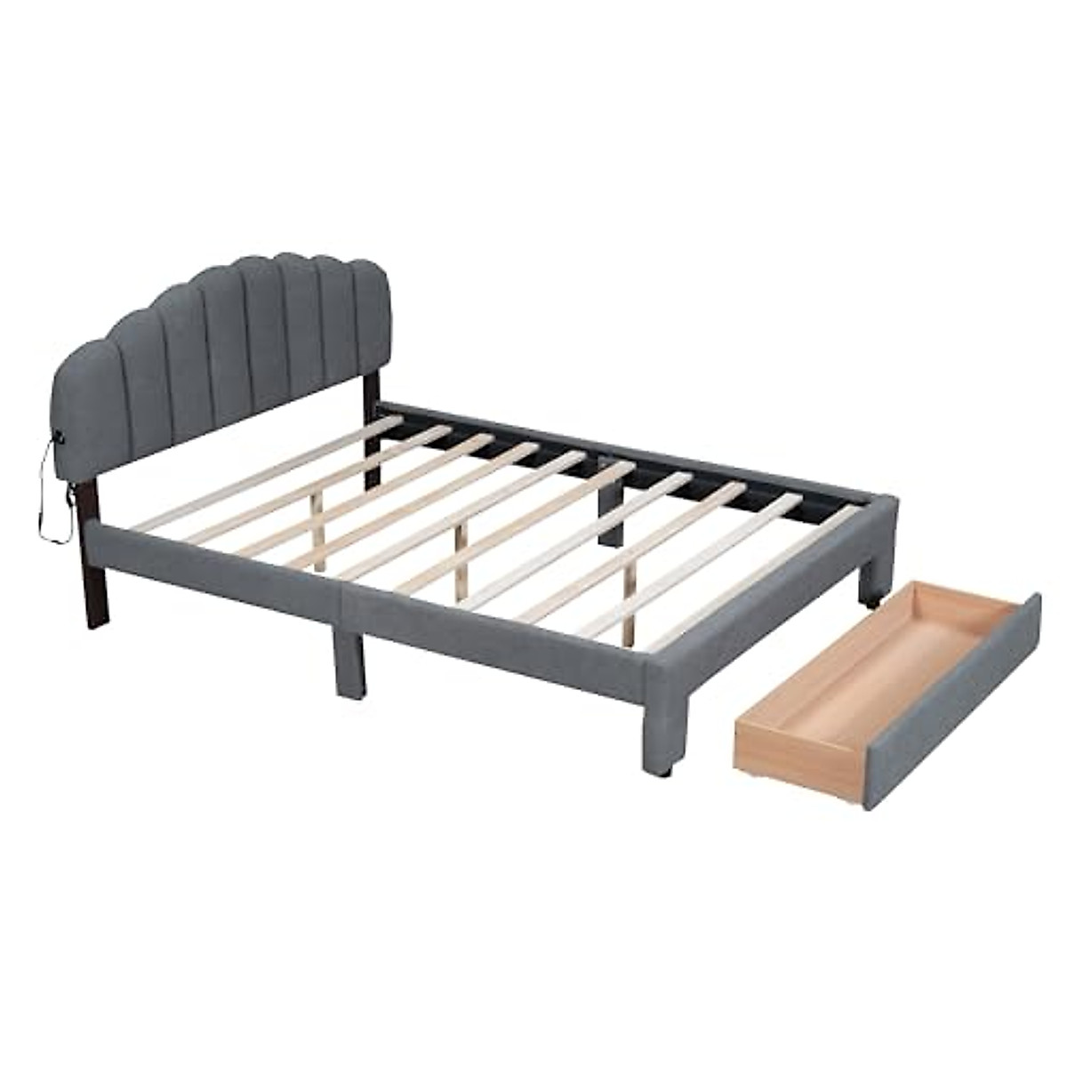 HAUSHECK Upholstered Bed Frame Queen Size with Teddy Fleece Headboard, Big Drawer, Smart LED Lights and 2 USB Ports, Modern Queen Platform Bed Frame w/Wooden Slats Support, No Box Spring Needed