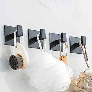 SAIWILLER 4 Pack Adhesive Black Towel Hooks Bathroom Shower Hook Robe Hanger Stickers Coat Hat Rack Square Metal Wall Hooks for Hanging
