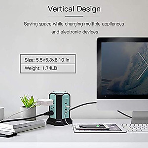 Power Strip Tower Wireless Charger, SUPERDANNY Surge Protector Tower, 10A 1080J Charger Station with 9 Outlets & 4 USB Ports, Extension Cord 10ft for Laptop Phone Black and Blue