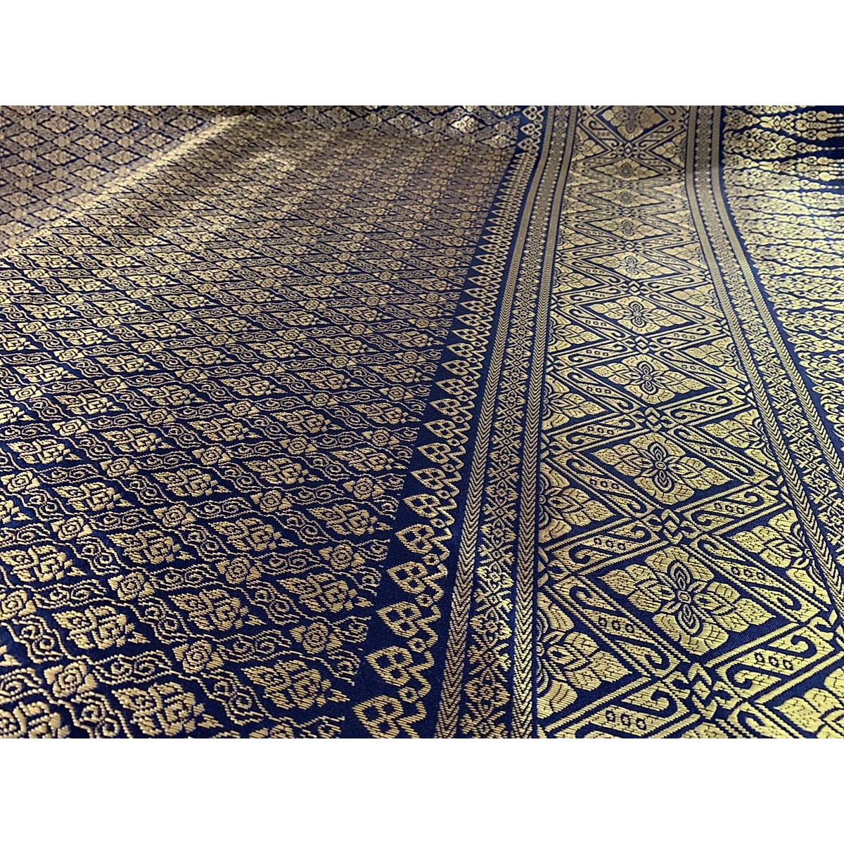 Amornphan 44 Inches Blue and Gold Traditional Thai Silk Damask Fabric for Wedding Dress Skirt by The Yard