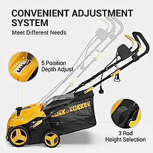 Rock&Rocker 2-in-1 16INCH Dethatcher Scarifier, 15 Amp Electric Lawn Dethatcher, 5 Working Depth Adjust, 48.4QT Removable Collection Bag, for Lawn Health, Yellow (REDM16A)