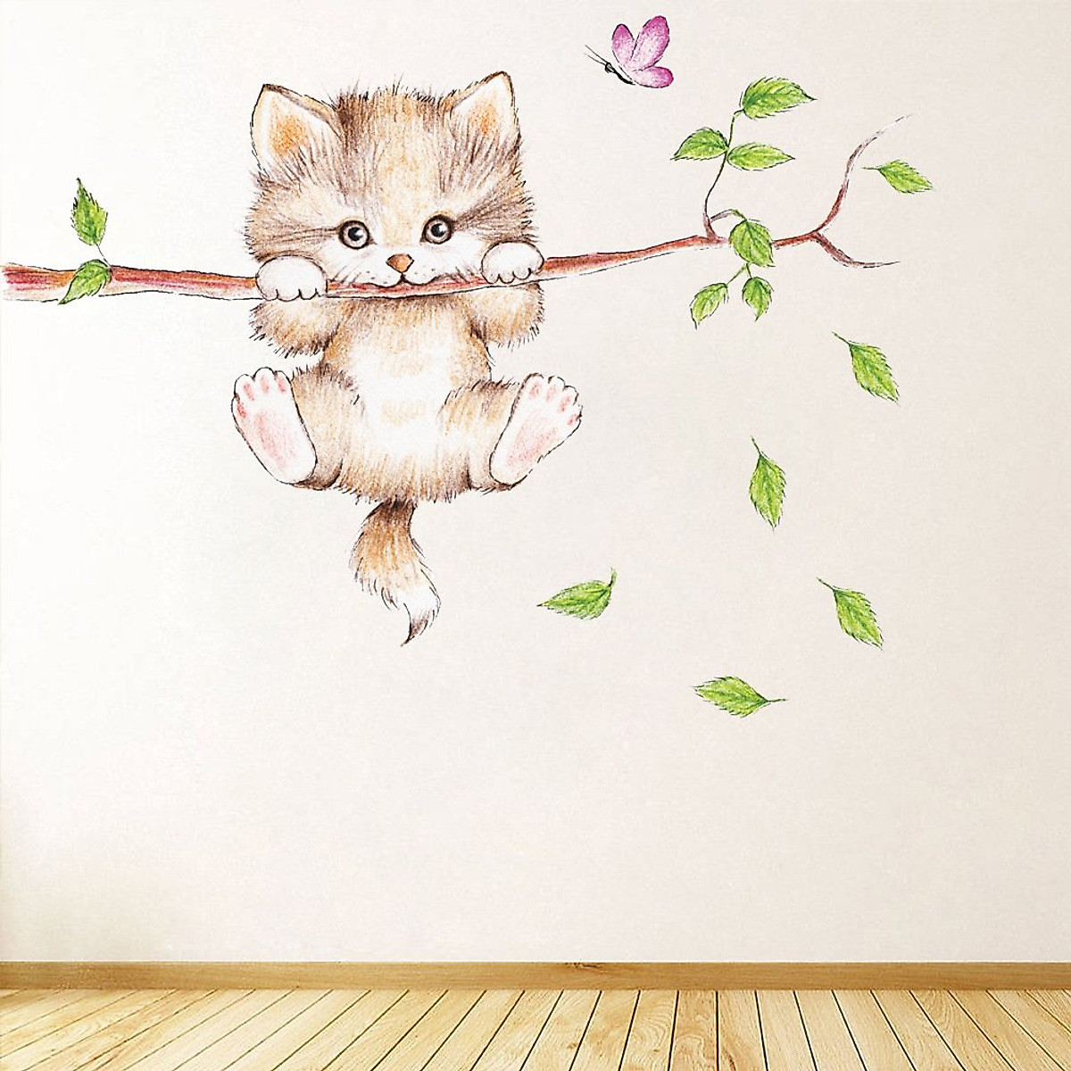 Woodland Arts Wland 28 inches x 22 inches Cartoon Cute Cat on The Tree Branches Wall Decals Wall Stickers Decor Girls Bedroom Decal Kids Nursery Sticker Bathroom Playroom