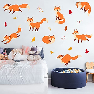 WOYINIS Cute Fox Wall Decals DIY Animal Foxes Pine Leaves Wall Stickers Peel & Stick Bedroom Playroom Baby Nursery Kids Room Wall Decor Art Decoration