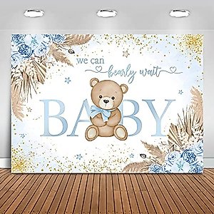 Mocsicka Boy Bear Baby Shower Backdrop Blue Boho Pampas Grass Baby Shower Background We Can Bearly Wait Baby Shower Party Cake Table Decoration Photo Booth Props (7x5ft)