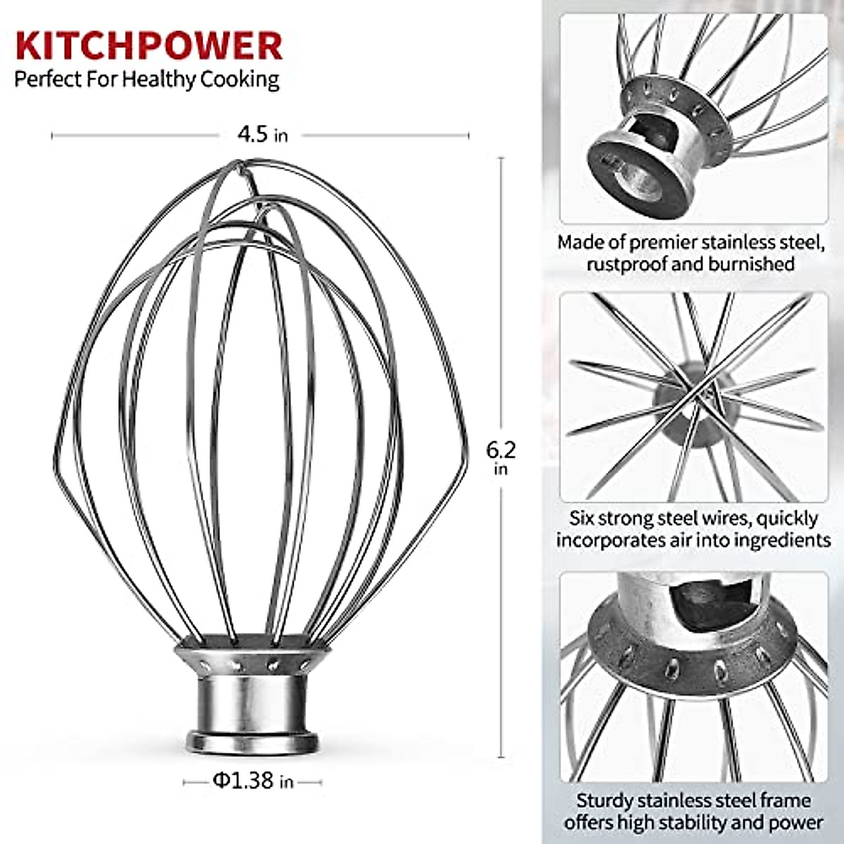 KITCHPOWER K45WW Wire Whip Attachment for Tilt-Head Stand Mixer for KitchenAid Stainless Steel Egg Cream Stirrer, Flour Cake Balloon Whisk