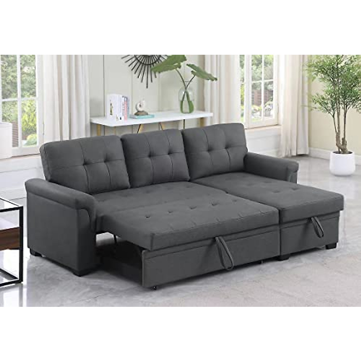 Lilola Home Lucca Performance Artificial Leather L-Shaped Pull-Out Sleeper Sofa Sectional with Reversible Storage Chaise and Solid Wood Frame, Gray