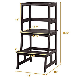 Costzon Kids Kitchen Step Stool with Safety Rail, Toddler Kitchen Stool w/Solid Bamboo Construction, Child Stand Helper for Kitchen Bathroom Living Room, Perfect for Toddler from 18-36 Months (Brown)