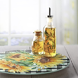 CounterArt Sunflower Fields 4mm Heat Tolerant Tempered Glass Lazy Susan Turntable 13" Diameter Cake Plate Condiment Caddy Pizza Server