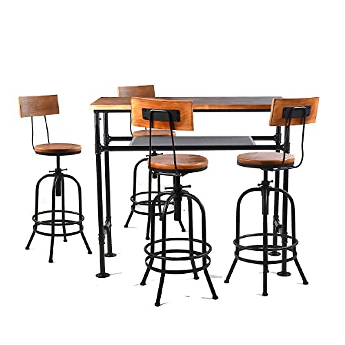 Diwhy 5 Piece Bar Table and Barstool Set Industrial Rectangular Pipe Dining Pub Bar Table and Kitchen Counter Height Adjustable Stool with Backrest Black (1 Table + 4 Chairs)