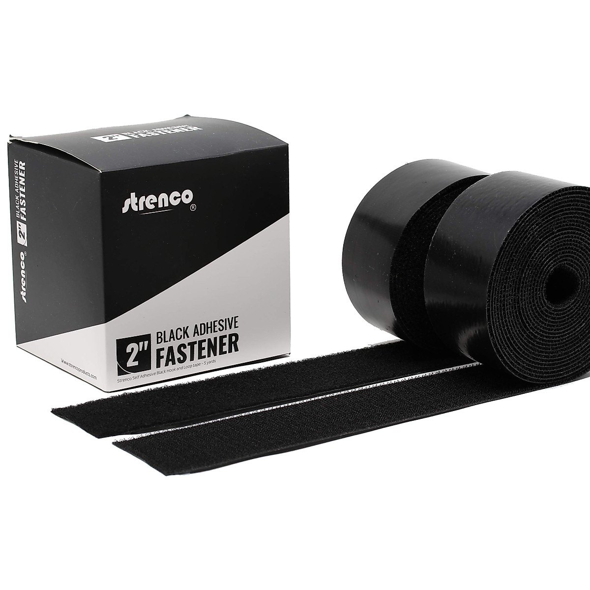 Strenco 2 Inch Hook and Loop Strips with Adhesive - 5 Yards - Heavy Duty Tape - Black Sticky Back Fastener