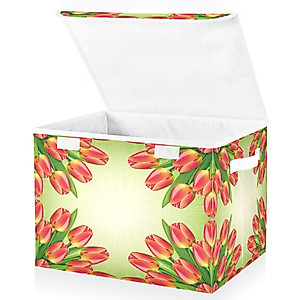 senya Large Collapsible Storage Bins with Lids, Spring Tulip Flowers Storage Baskets Organizer Containers with Handles for Nursery Clothes Toys