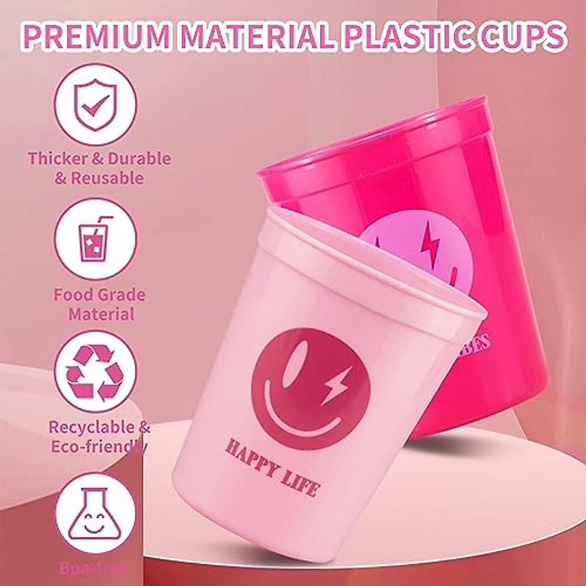 24 Pcs Preppy Party Plastic Cups 16oz pink Smile Face Drinking bar Cups bulk Reusable Plastic shatterproof Stadium Cups Personalized beer Mugs for Preppy Birthday friends parties Bachelorette Party