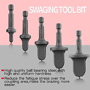 Zorveiio 5 Pcs Swaging Tool Drill Bit Set Swaging Tool Drill Bits, Copper Tube Expander Flaring Tool for Copper Tubing, HVAC Repair Kit with 3/4'' 5/8'' 1/2'' 3/8'' 1/4'' Bits - Hex Handle