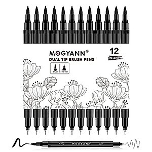 Mogyann Drawing Pens, 12 Pack Dual Brush Pens Black Markers for Art Drawing Sketching