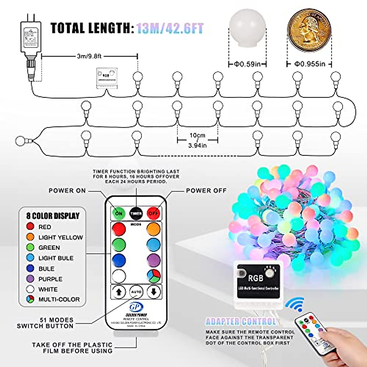 Multicolor Globe String Lights with Remote Timer,Indoor String Lights Bedroom,32FT 96LED with 8Vibrant Colors Plug in Outdoor Decorative Lights for Easter,Christmas,Classroom,Garden,Party,Wedding