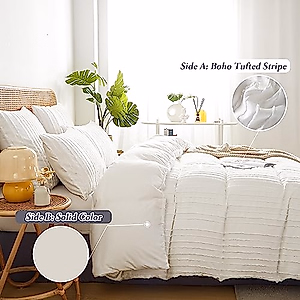 Nayoroom White Boho Duvet Cover Set Queen Size Striped Textured Tufted Bedding Sets 3 Pieces Soft Lightweight Washed Microfiber Farmhouse Aesthetic Comforter Cover with Zipper Closure for All Seasons