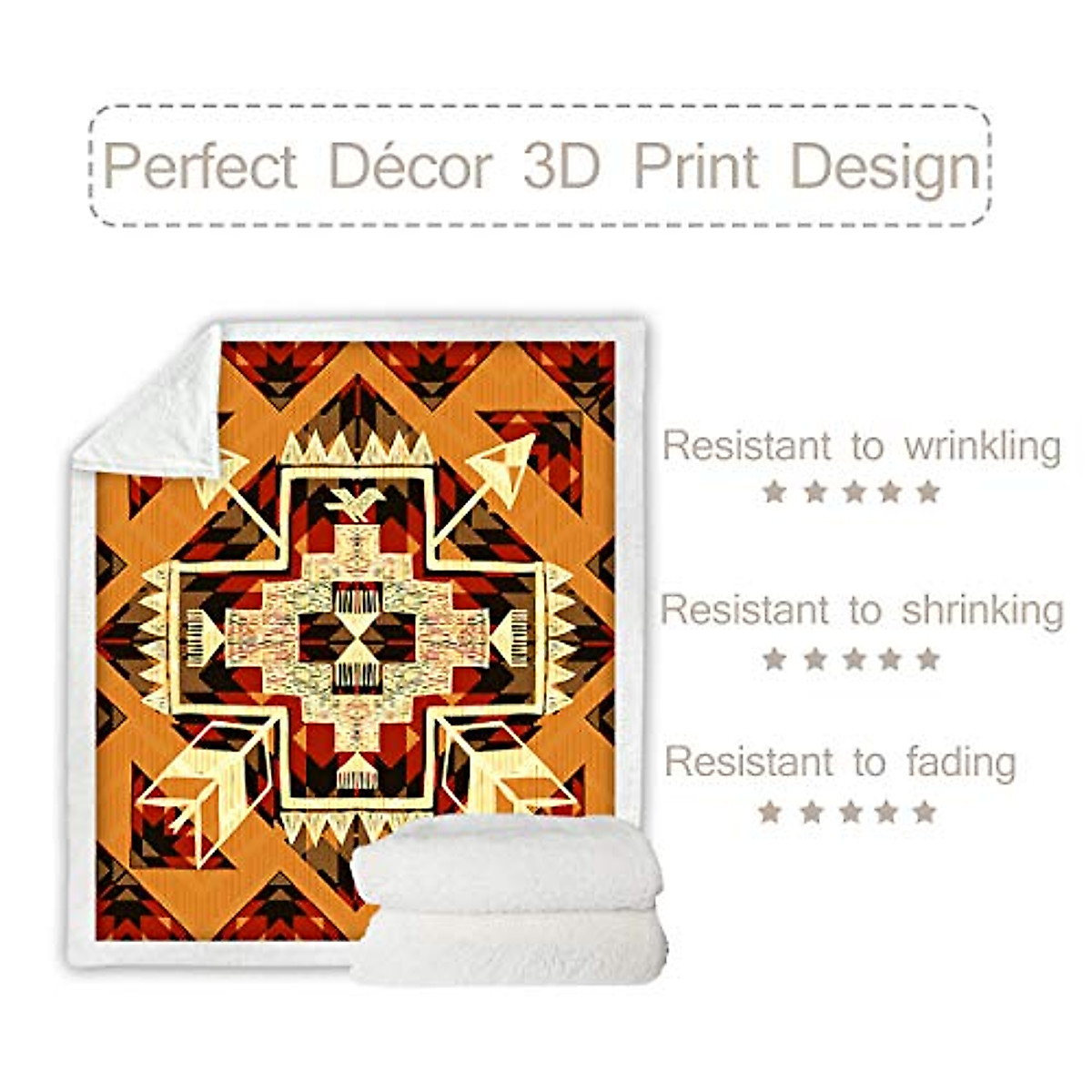 Sleepwish Aztec Southwestern Soft Fleece Throw Blanket Hippy Sherpa Blanket Warm Soft Vibrant Western Decor for American West Inspired Bedroom, Orange and Gold Queen (90" X 90")