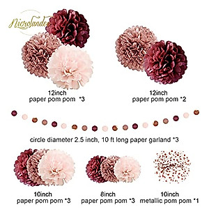 NICROLANDEE 15Pcs Rose Gold Burgundy Tissue Pom Poms Circle Dots Polka Dot Kit for Wedding, Bachelorette, Engagement, Bridal Shower, Burgundy Birthday Decorations