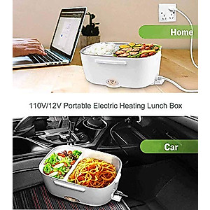 Electric Lunch Box for Car and Home 110V & 12V 40W - Removable Stainless Steel Portable Food Grade Material Warmer Heater - with 2 in 1 Fork & Spoon