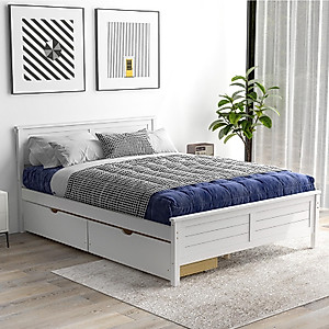 KOMFOTT Full Size Wood Bed Frame with 2 Storage Drawers, Mid Century Platform Bed Frame with Headboard, Sturdy Wooden Slats Support, Modern Mattress Foundation, No Box Spring Required, Easy Assembly