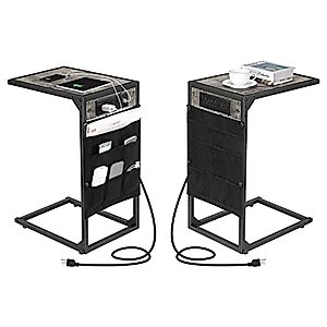 Set of 2 C Shaped End Table with Charging Station, Snack Side Table, C Tables for Couch, Couch Tables That Slide Under, for Living Room, Bedroom, Gray