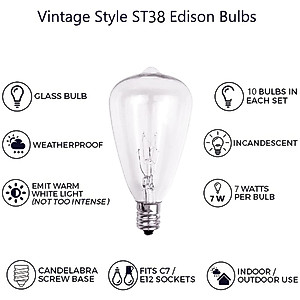 Edison Replacement Light Bulbs 10Pack 7W E12 Screw Base ST38 Replacement Clear Glass Light Bulbs for Indoor/Outdoor Patio ST38 String Lights Warm White Yard Christmas Lights Bulbs Christmas Decor