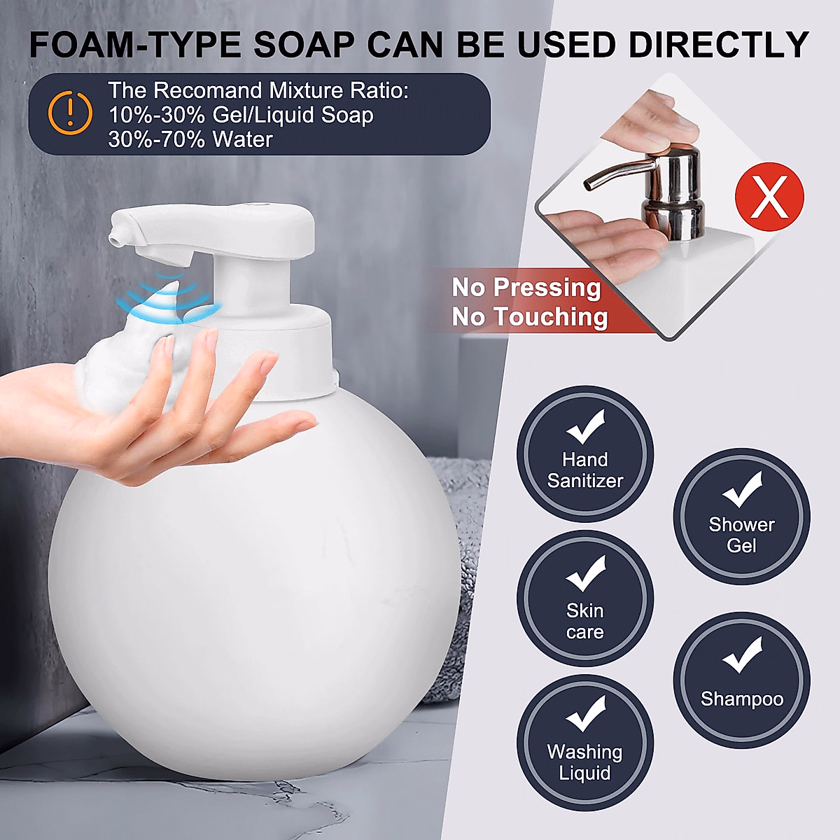 Phneems Automatic Soap Dispenser Foaming Touchless Auto Hands Free Foam Hand Soap Dispenser Rechargeable Electric Modern Smart Countertop Dish Soap Dispenser for Bathroom, Kitchen, Commercial White