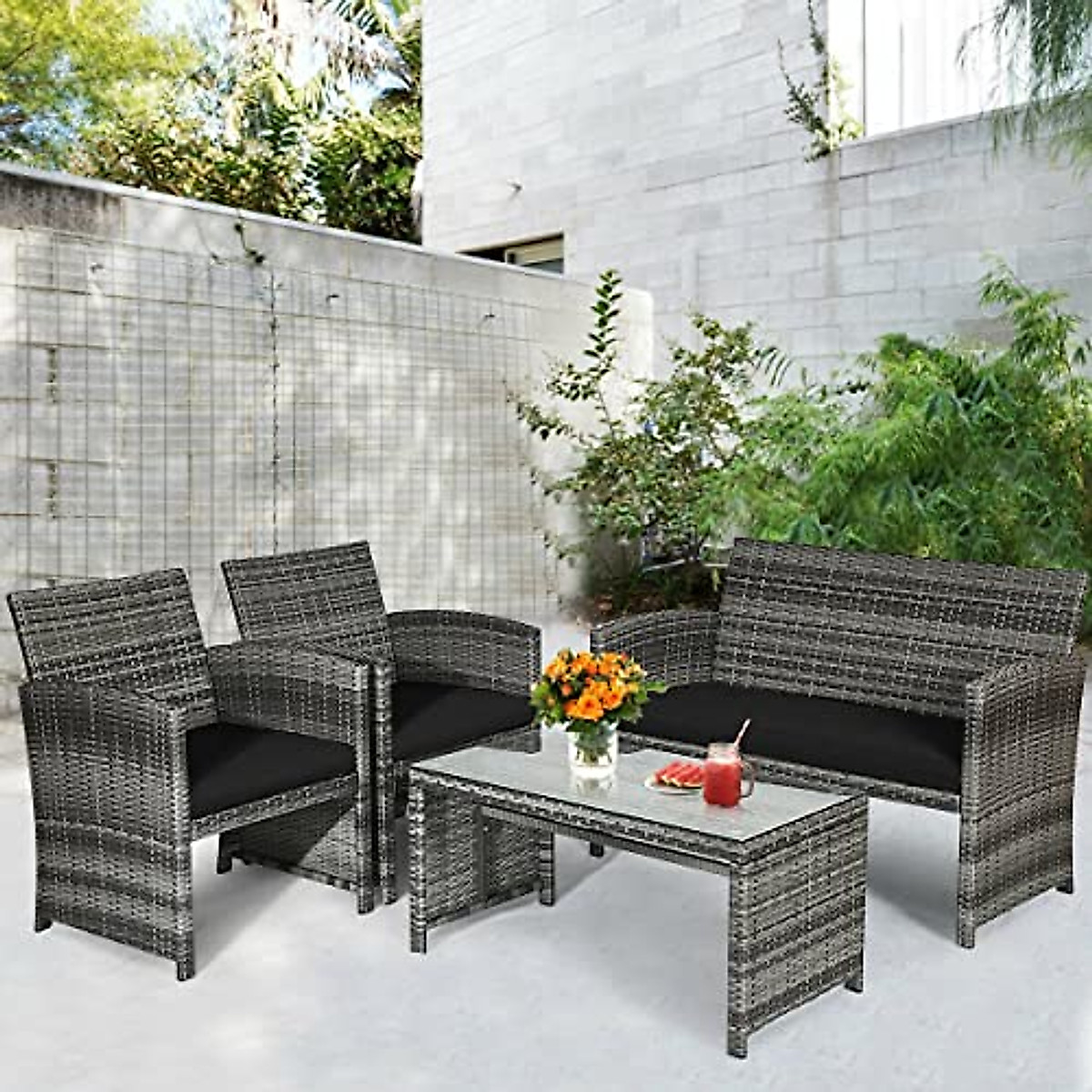 WYKDD 4PCS Patio Rattan Furniture Set Conversation Glass Table Top Sofa Cushioned Loveseat Single Chairs