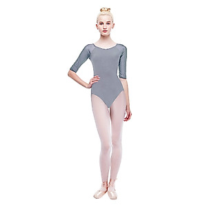 Cuulrite Ballet Dance Leotards for Women, Yoga Gymnastic Leotard Stretch Mesh Splice 34 Sleeve,Light Grey,Small