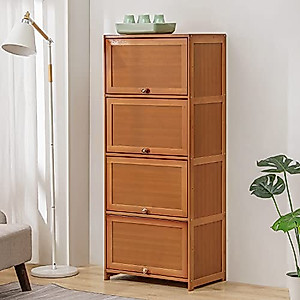 MoNiBloom Tall Book Storage Cabinet with Doors, 4 Tier Bamboo Free Standing Book Shelf Organizer Stand for Children's Student, Hallway, Home Office, Brown