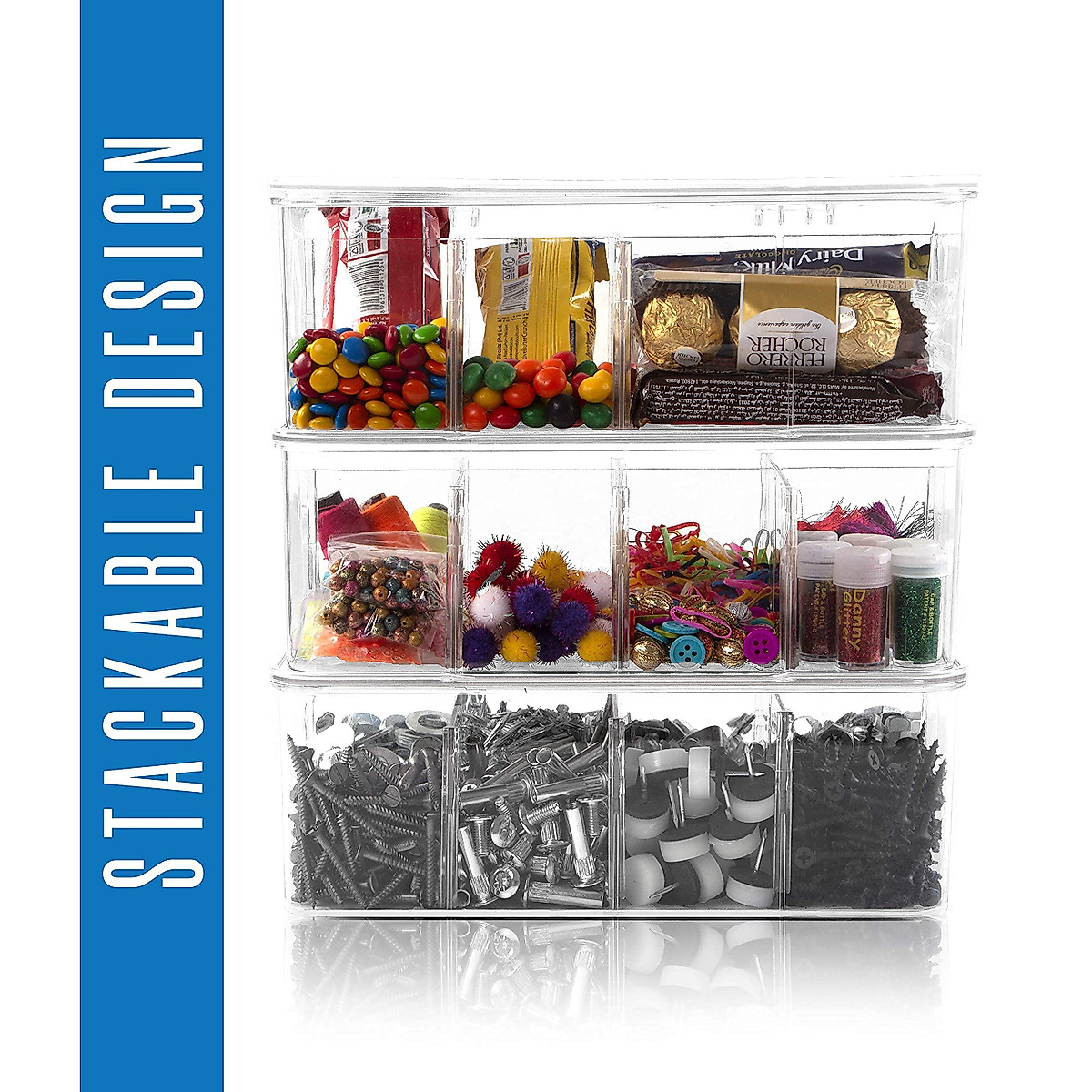 Utopia Home Set of 11 Organizers-8 Pantry Organizers (4 Large & 4 Small Drawers) & 3 Stackable Tea Bag Organizer Box with Clear Top Lids - Plastic Storage Racks for Freezers, Kitchen and Cabinets