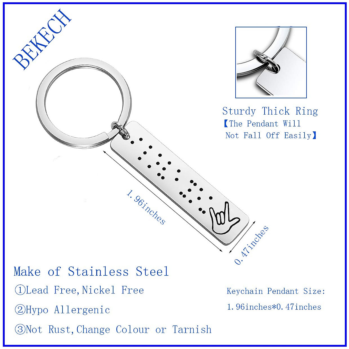 BEKECH ASL Jewelry Gifts I Love You in Braille Engraved Keychain Hand Sign Language Jewelry Gift for Her Him Wife Husband (silver)