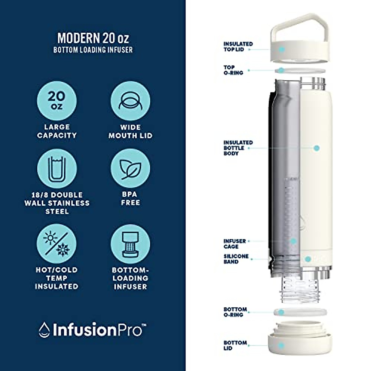 Infusion Pro Fruit Infuser Water Bottle Vacuum Insulated (20 oz) Stainless Steel : Fruit Infusion Recipe eBook : Bottom Loading Water Infuser for More Flavor : Easy Cleaning : Great Gift Water Bottle