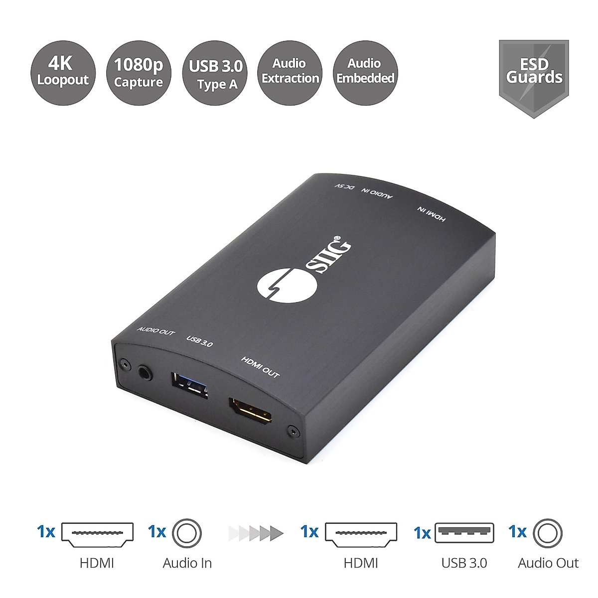 SIIG USB 3.0 HDMI A/V Capture Card with 4K60 Loop Out, HDMI 4K60 Capture USB 3.0 1080p Record,Audio Extract & Microphone,for DSLR Camcorder Live Streaming,Video Conference,TAA Compliant CE-H26H11-S1