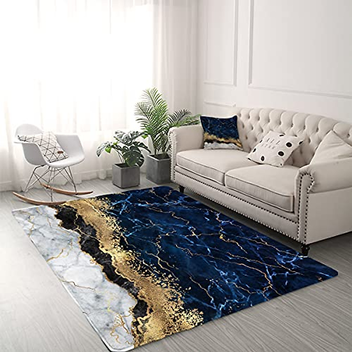 BlessLiving 3D Chic Marble Area Rug Soft White Marble Gilded Navy Blue Floor Mat Trendy Printed Design Reversible Large Carpet for Bedroom Kitchen Living Room, 4' x 6'