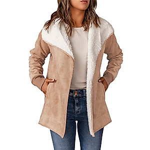 Dokotoo Womens Winter Warm Long Sleeve Open Front Fleece Jacket Stand Collar Sherpa Lined Outerwear Fashion Thicken Coats Jackets for Women 2024,L,Apricot