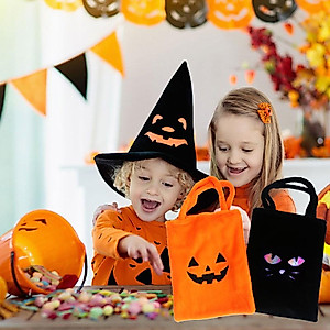 Hooin Halloween Candy Bags. 15.7'' X 11.8'' Large Soft Plush Trick or Treat Tote Bags.Pack of 2 (Pumpkin & Black Cat)