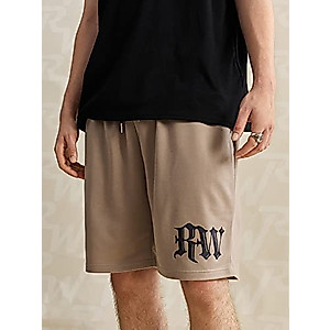 OYOANGLE Men's Letter Graphic Elastic Drawstring Waist Athletic Track Shorts with Pockets Khaki Graphic S
