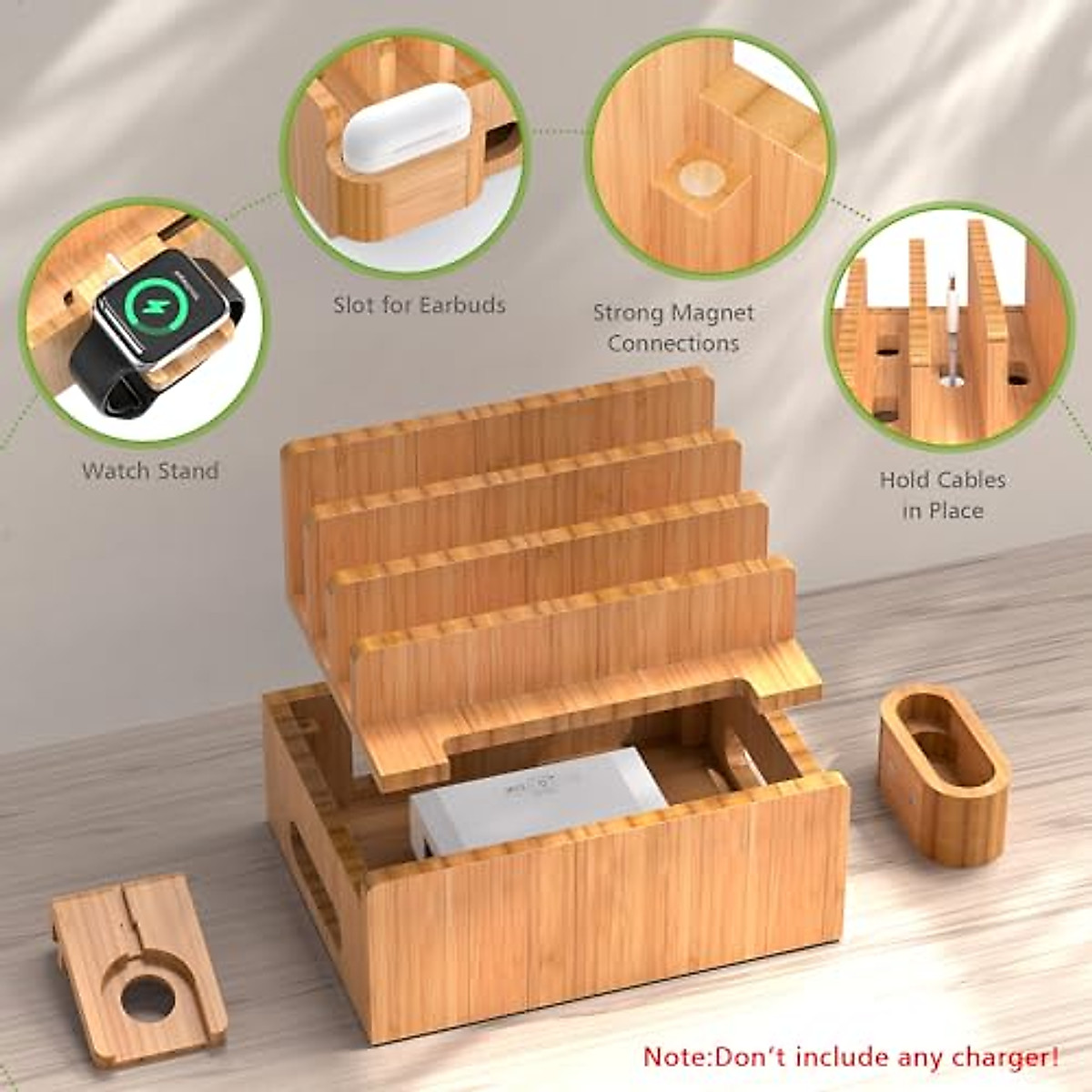 Pezin & Hulin Bamboo Charging Station Organizer for Multiple Devices, Desktop Docking Stations Holder for Cell Phone, Tablet, SmartWatch & Earbuds Stand (Included 5 Cables) (No USB Charger)