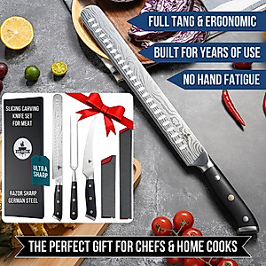 Slicing Carving Knife Set for BBQ - 12" Brisket Knife + 6" Boning Knife + 6" Carving Fork & 2 Sheath Covers for Meat Cutting - Grilling Gifts for Men - Razor Sharp German Steel & Professional Grade