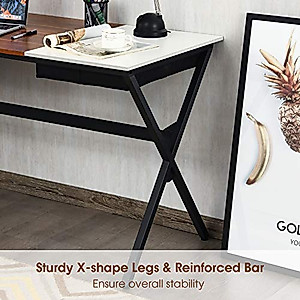 Tangkula 47’’ Computer Desk w/Cube Drawer, Home Office Writing Desk with Side Storage Bag, Modern Stylish PC Study Table Workstation for Bedroom (Walnut & White)