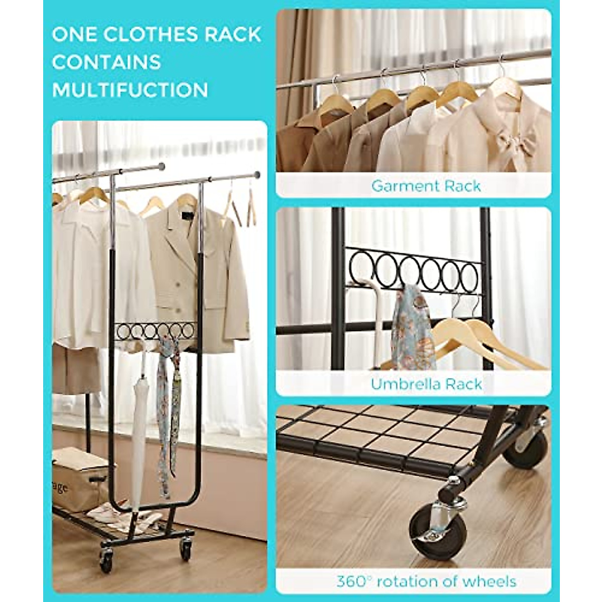 LIFEFAIR Garment Rack for Hanging Clothes, 550 lbs Heavy Duty Clothing Rack on Wheels Collapsible Portable Rolling Clothes Rack Ideal for Bedroom Living Room