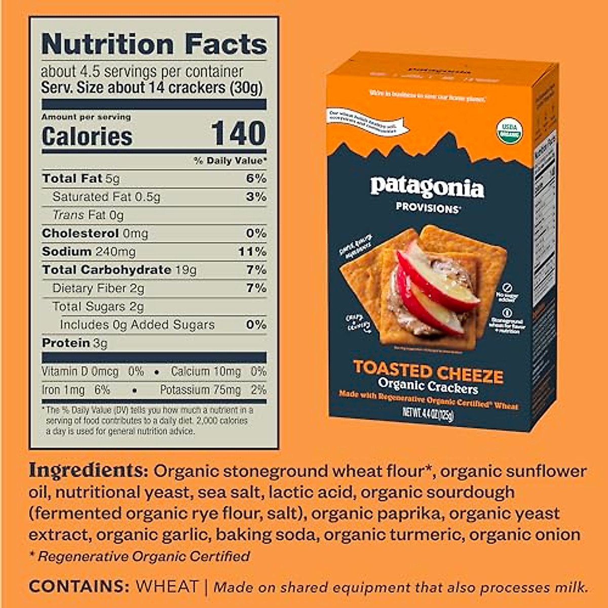 Patagonia Provisions - Toasted Cheeze - Certified Organic Crackers - Non-GMO, Plant-Based, No Added Sugar