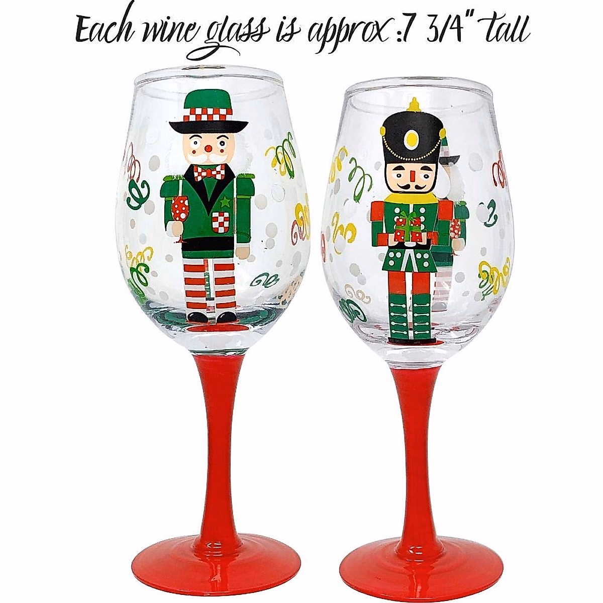 BANBERRY DESIGNS Nutcracker Christmas Wine Glasses - Set of 2 Holiday Toy Soldier Design - Red and Green Festive Xmas Glassware Painted with Stem 14 oz