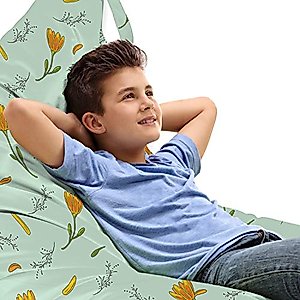 Ambesonne Botanical Lounger Chair Bag, Natural Theme Flowers Images and Branches Motifs in Windy Weather, High Capacity Storage with Handle Container, Lounger Size, Orange and Pale Seafoam