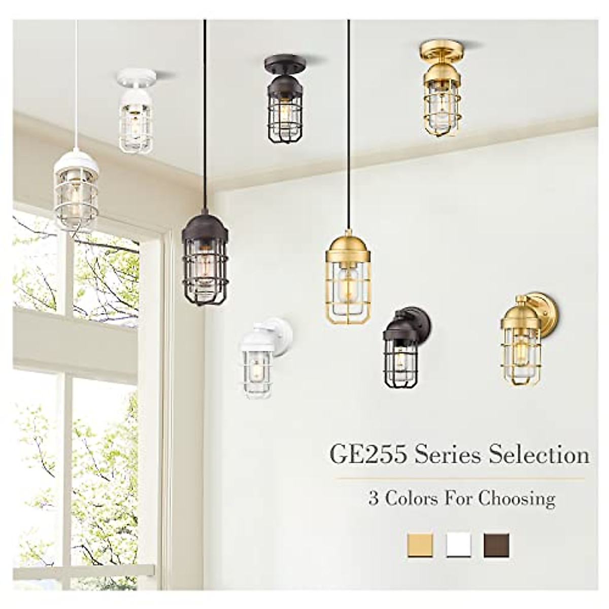 Emliviar Modern Gold Pendant Light with Metal Cage, Mini Ceiling Hanging Light with Clear Tempered Glass for Kitchen Dining Room, Gold Finish, GE255P BG
