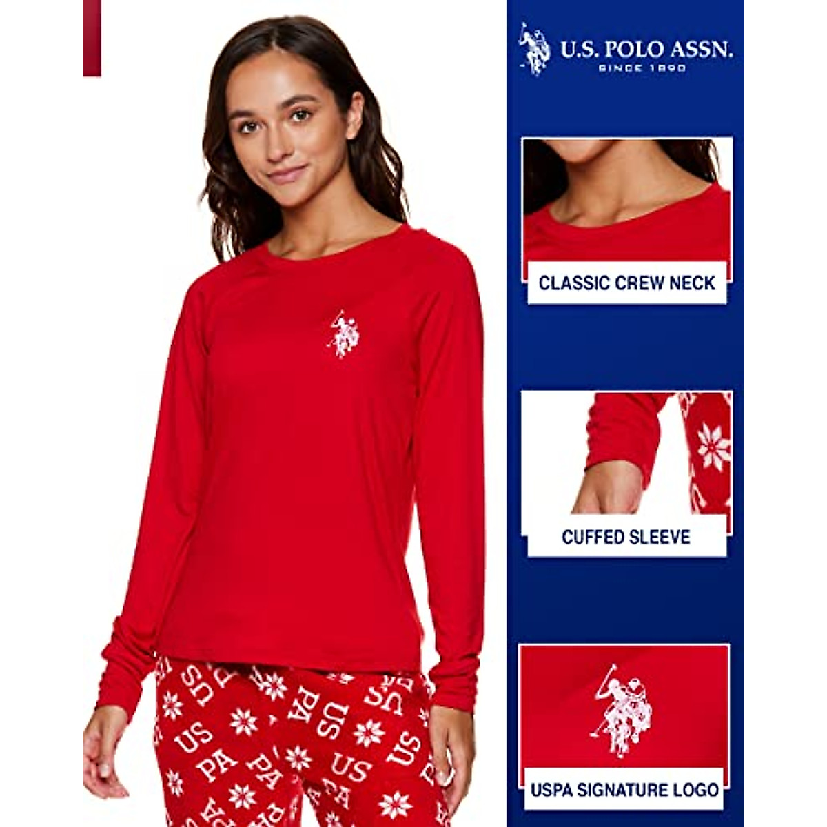 U.S. Polo Assn. 2-Piece Pajamas for Women Set, Long Sleeve PJ Sets for Women, Ladies Sleepwear (Red, Large)