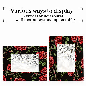 POFATO Skull Red Roses Stems 4x6 Picture Frame Wood Photo Frame for Tabletop Display Wall Mount Picture Frame Display 4x 6 Inch Photo Wall Decor Home Gift Frames