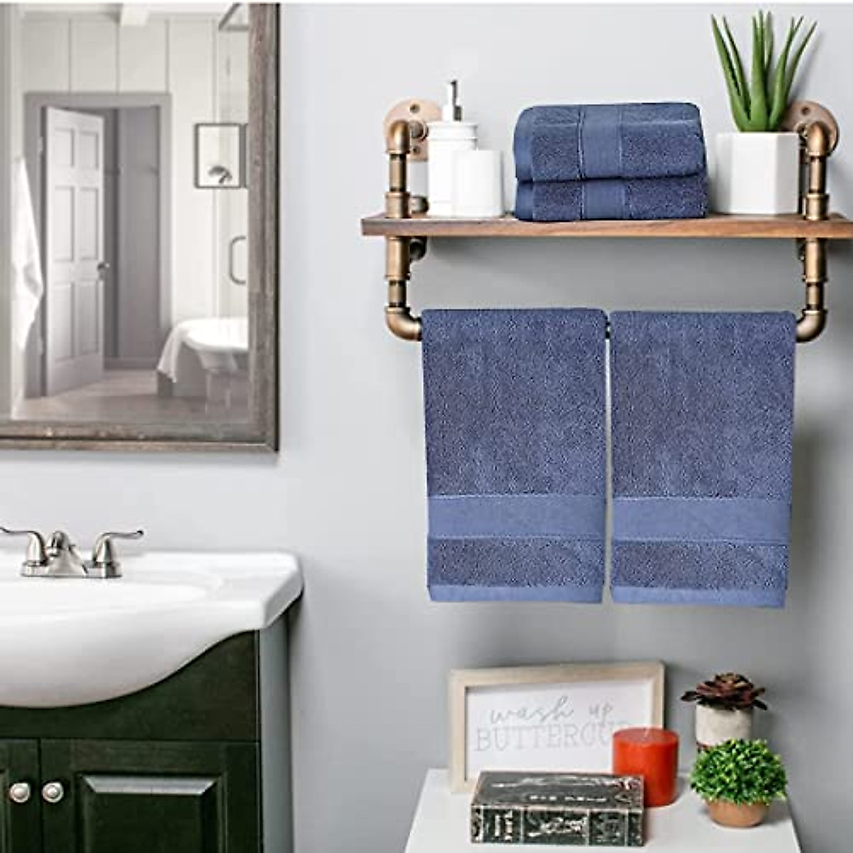 RUIBOLU 100% Cotton Ultra Soft Highly Absorbent Hand Towel 2 Set , Size 14" x 30" Home Bathroom Hand Towels for Bath, Hand, Face, Gym (Blue)